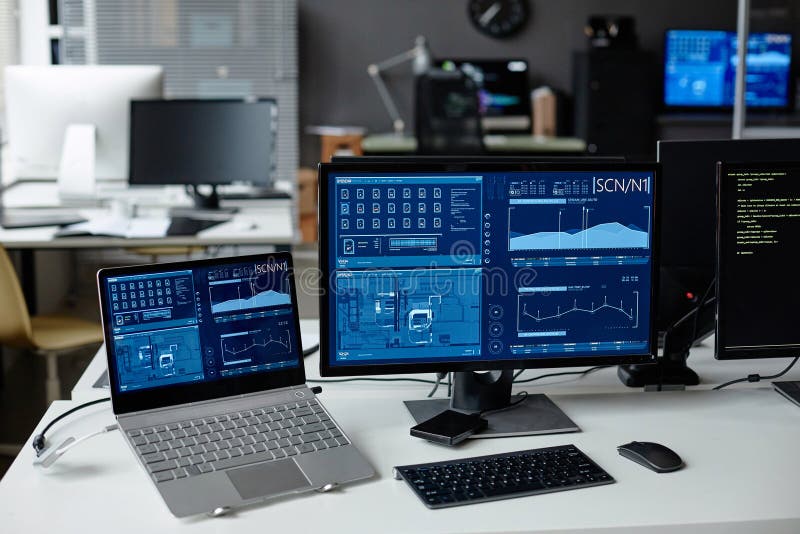 Computer Equipment on Desk in Cybersecurity Office Stock Photo - Image ...