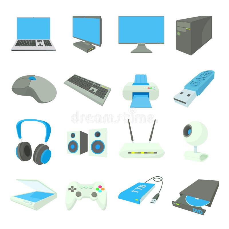 Computer Equipment Icons Set, Cartoon Style Stock Vector - Illustration ...