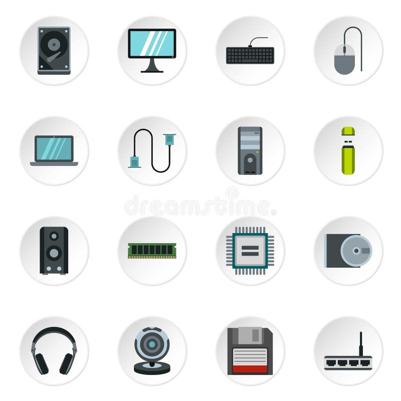 Computer Equipment Icons Set, Flat Style Stock Vector - Illustration of ...