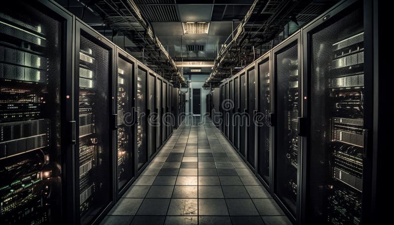 Computer Equipment in Row, Secure Network Connection Generated by AI ...