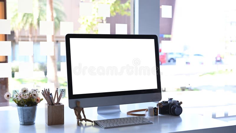 A Computer and Equipment on White Office Desk. Stock Photo - Image of ...