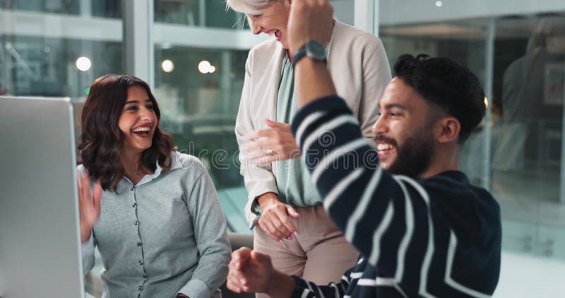 Computer, Excited and Business People in Office with Celebration ...