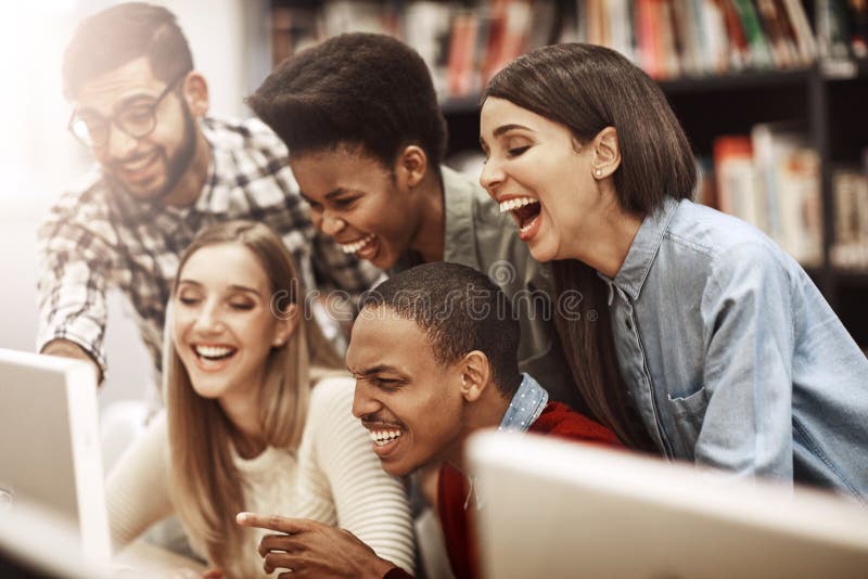 Computer, Excited and Students at Library for Research, Knowledge and ...