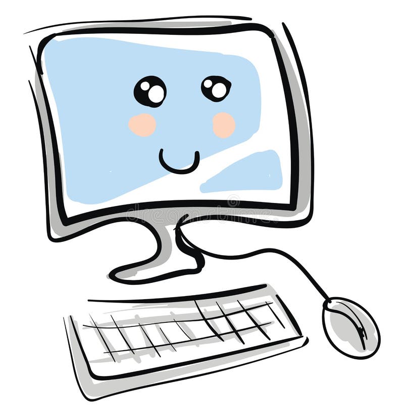 Computer with Face Character Hand Drawn Design, Illustration, Vector ...