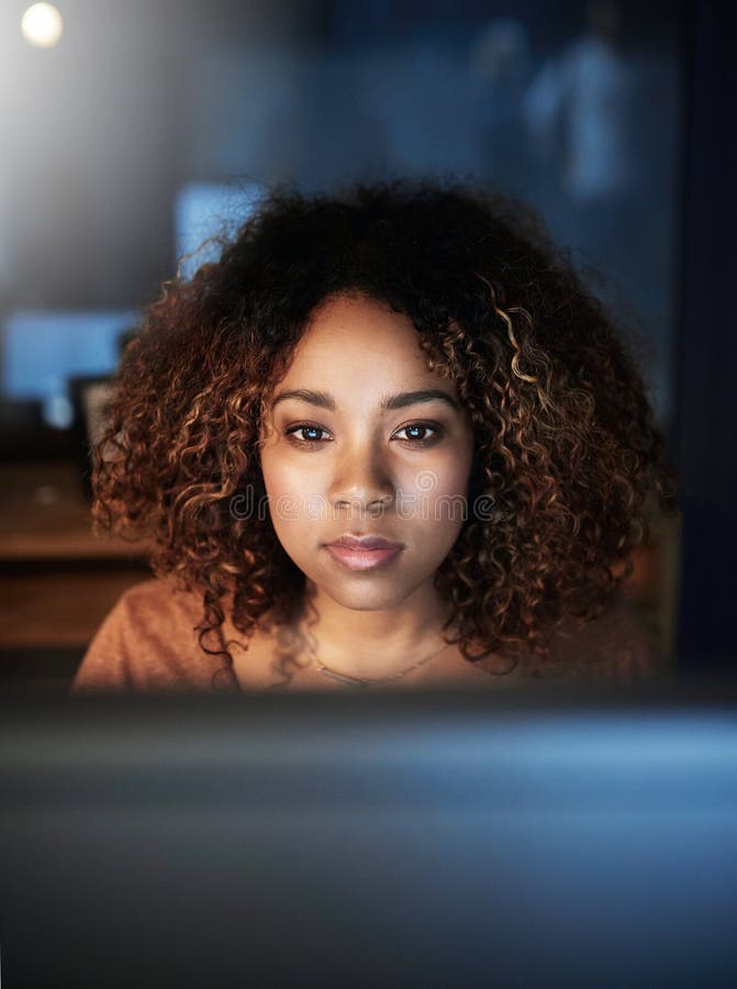 Computer Face And Night With Woman Coder In Office For Web Development Deadline Coding