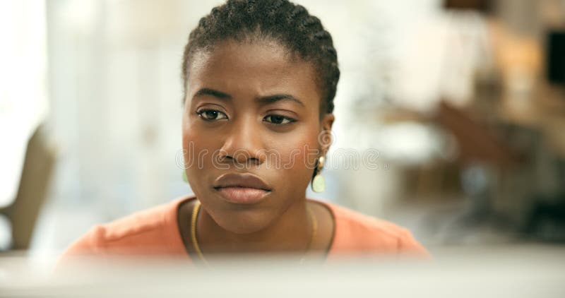 Computer, Face and Problem Solving with a Black Woman in Her Office To ...