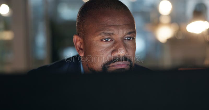 Computer, Face and Problem Solving with a Manager Black Man at Work in ...