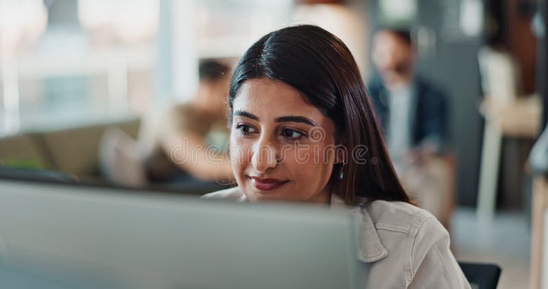 Computer, Face and Smile with Business Woman in Office for ...