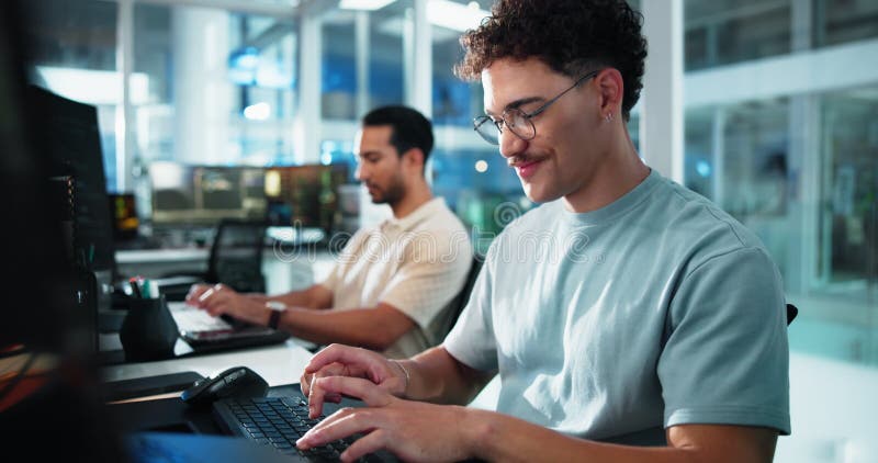 Computer, Face and Typing with Man Programming at Desk in Office for Coworking or Software ...
