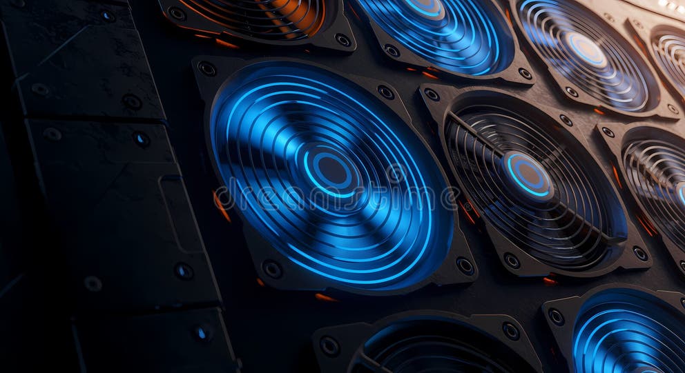 Computer Fan Cooling System with Blue Glowing Lights Stock Illustration ...