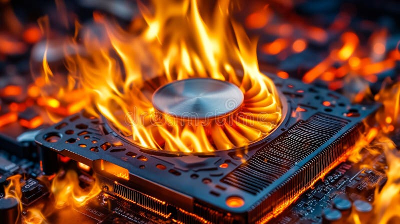 A Computer Motherboard on Fire with a Fan on Top of it Stock Image ...