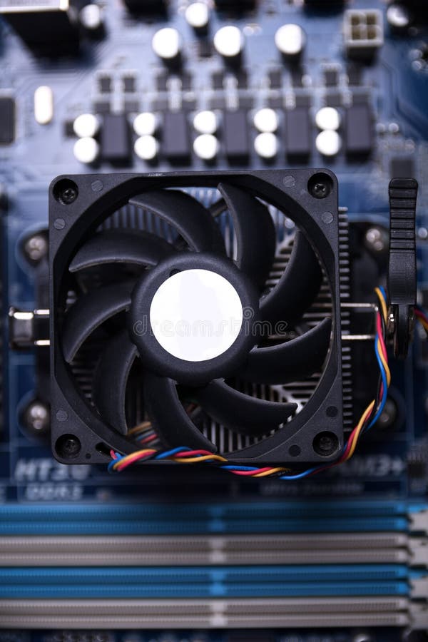 Computer Fan on Motherboard and Electronical Components Cpu Gpu Memory ...