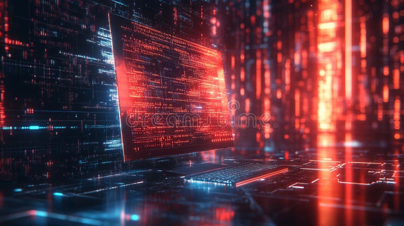 A Computer Features a Glowing Holographic Shield in a Digital Landscape ...