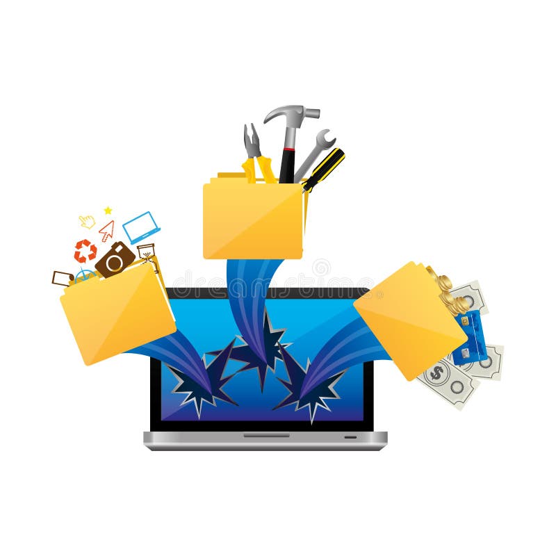 Computer with Files Tools Outside Icon Stock Illustration ...