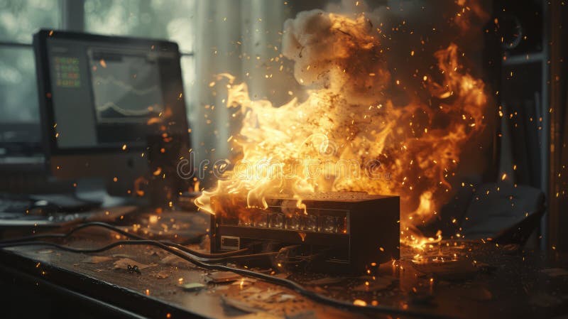 A Computer on Fire on a Desk. Stock Image - Image of risk, office ...