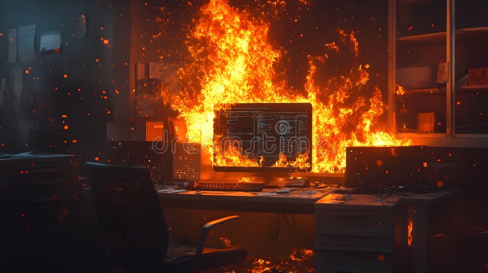 Computer on Fire in Dim Office Environment with Flames Engulfing Desk ...
