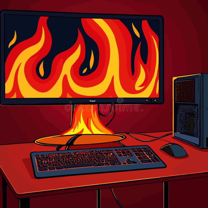 Computer on Fire, Indicating Computer Overheating and Failure, Vector ...