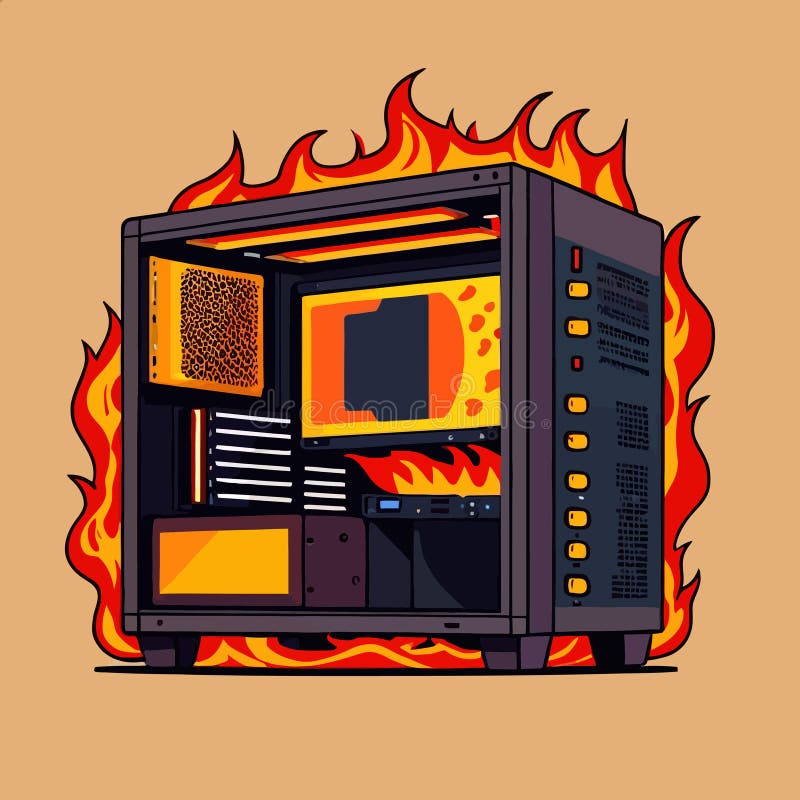 Computer on Fire, Indicating Computer Overheating and Failure, Vector ...