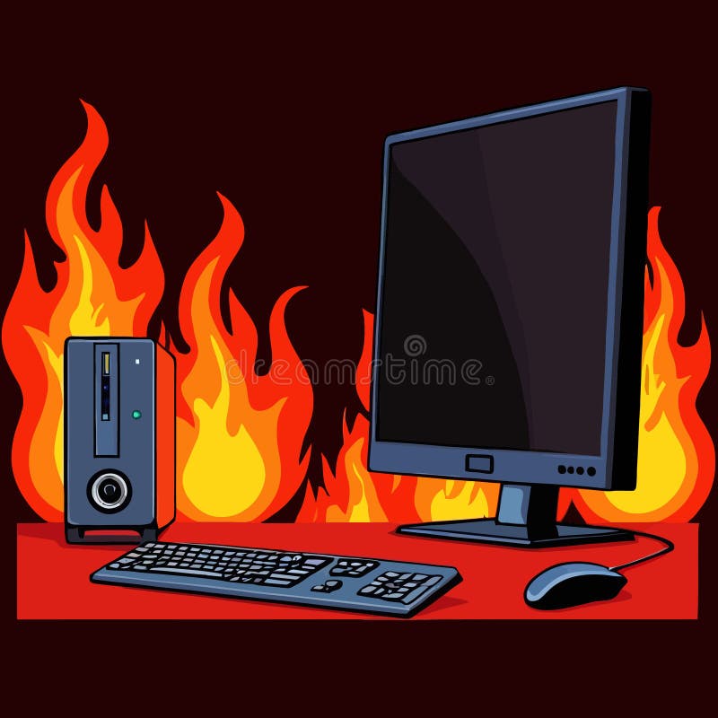 Computer on Fire, Indicating Computer Overheating and Failure, Vector ...