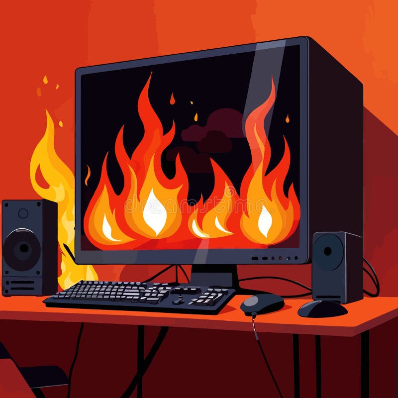 Computer on Fire, Indicating Computer Overheating and Failure, Vector ...