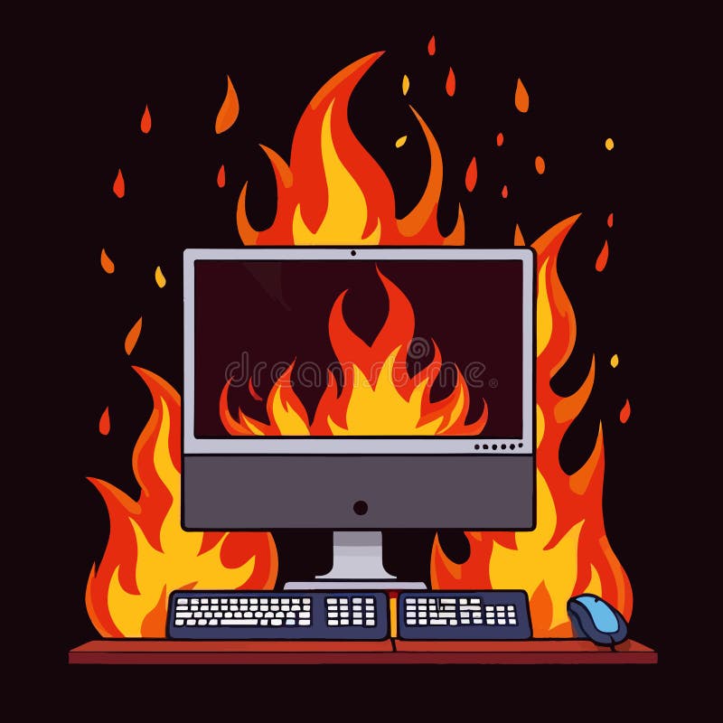 Computer on Fire, Indicating Computer Overheating and Failure, Vector ...