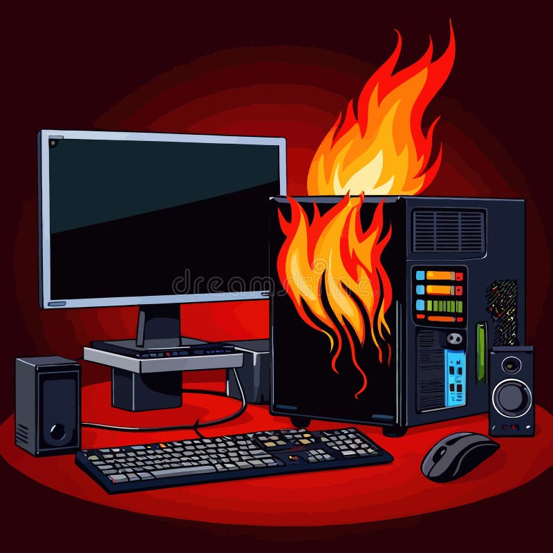 Computer on Fire, Indicating Computer Overheating and Failure, Vector ...