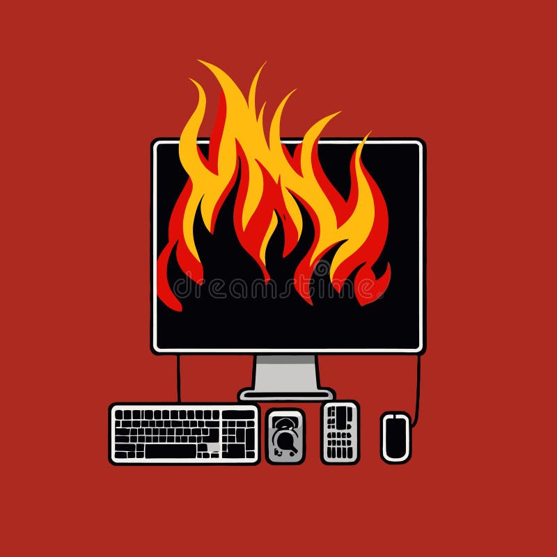 Computer on Fire, Indicating Computer Overheating and Failure, Vector ...