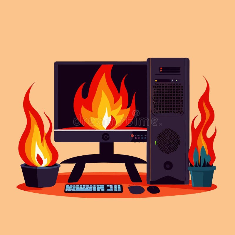 Computer on Fire, Indicating Computer Overheating and Failure, Vector ...