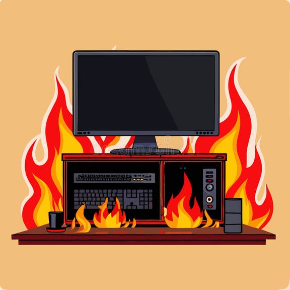 Computer on Fire, Indicating Computer Overheating and Failure, Vector ...