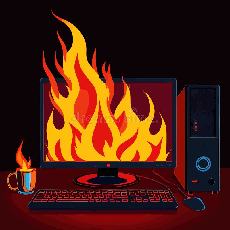 Computer on Fire, Indicating Computer Overheating and Failure, Vector ...