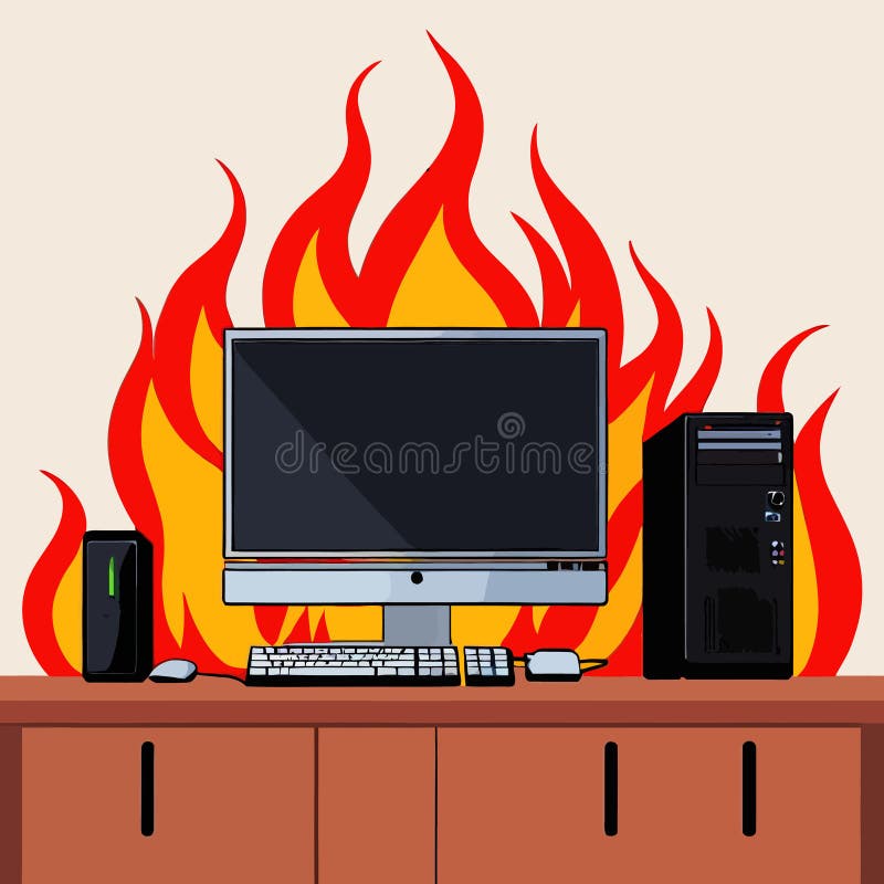 Computer on Fire, Indicating Computer Overheating and Failure, Vector ...
