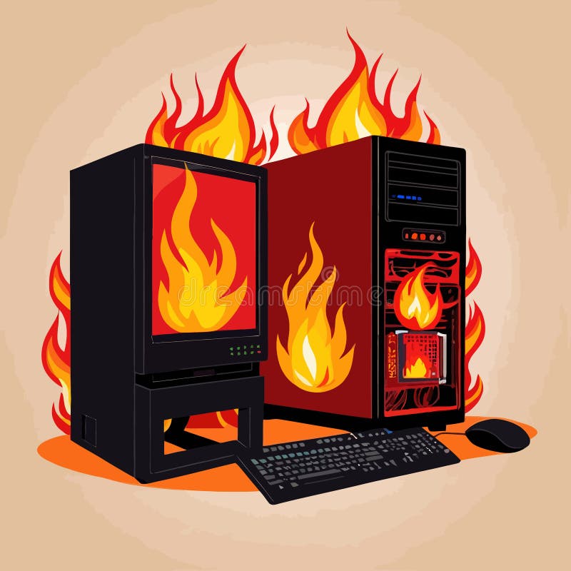 Computer on Fire, Indicating Computer Overheating and Failure, Vector ...