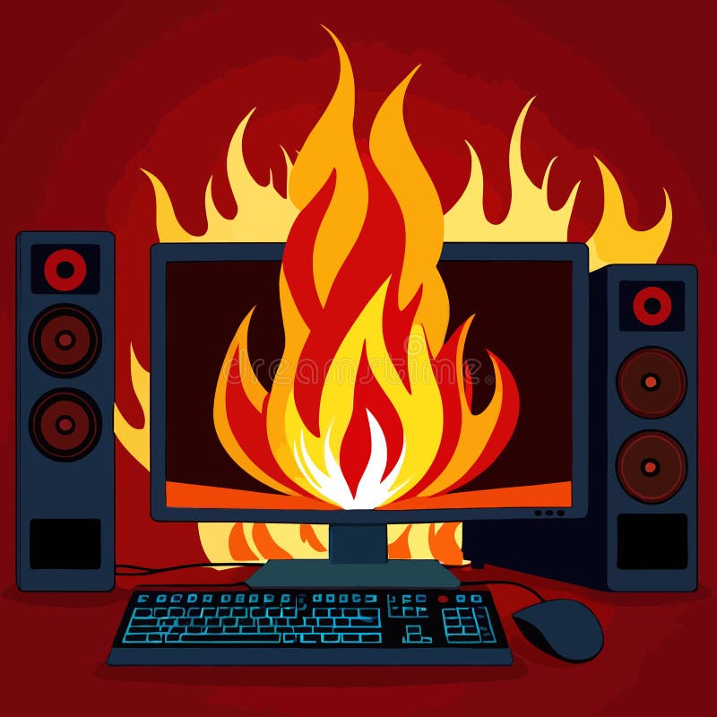 Computer on Fire, Indicating Computer Overheating and Failure, Vector ...