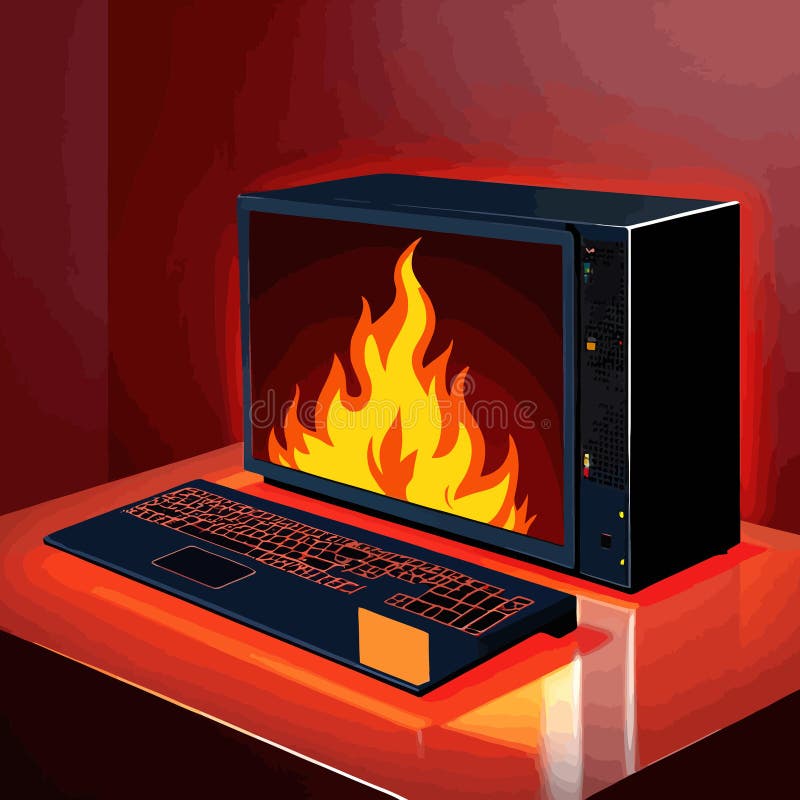 Computer on Fire, Indicating Computer Overheating and Failure, Vector ...