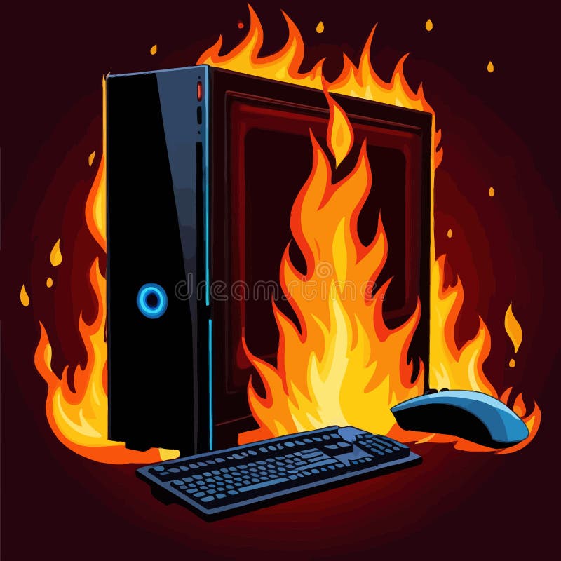 Computer on Fire, Indicating Computer Overheating and Failure, Vector ...