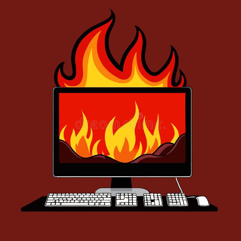 Computer on Fire, Indicating Computer Overheating and Failure, Vector ...