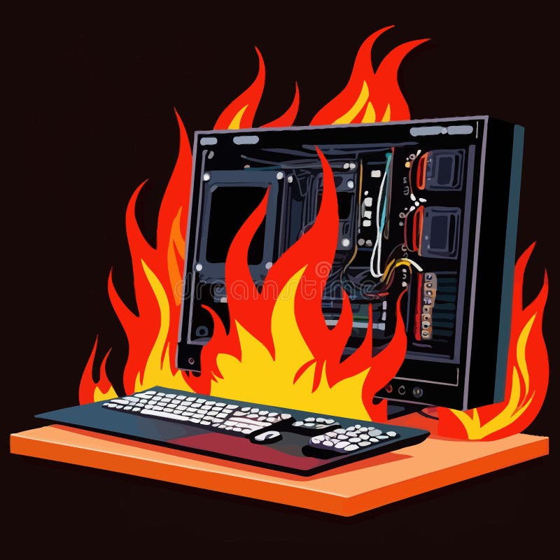 Computer on Fire, Indicating Computer Overheating and Failure, Vector ...