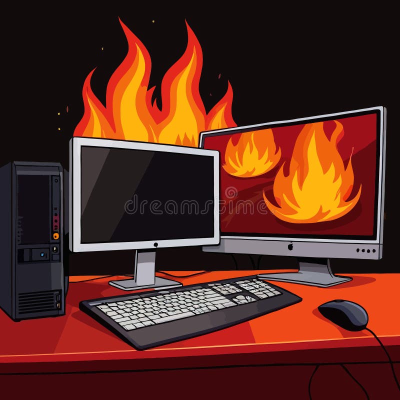 Computer on Fire, Indicating Computer Overheating and Failure, Vector ...