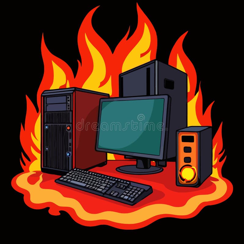 Computer on Fire, Indicating Computer Overheating and Failure, Vector ...