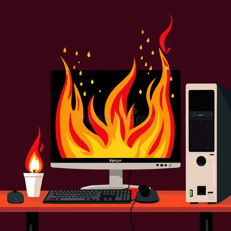 Computer on Fire, Indicating Computer Overheating and Failure, Vector ...