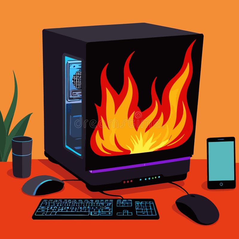 Computer on Fire, Indicating Computer Overheating and Failure, Vector ...