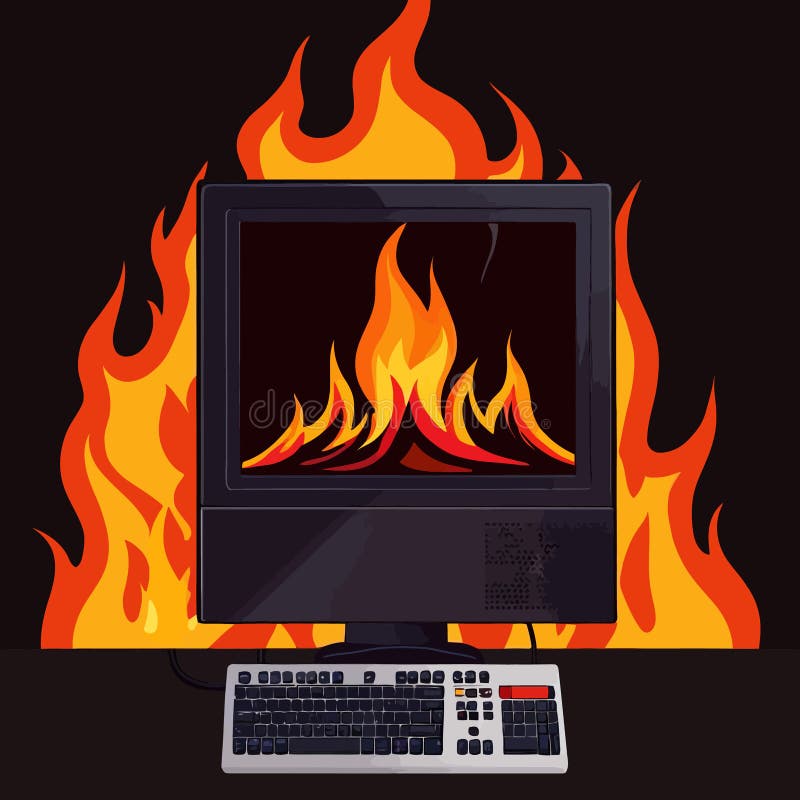 Computer on Fire, Indicating Computer Overheating and Failure, Vector ...