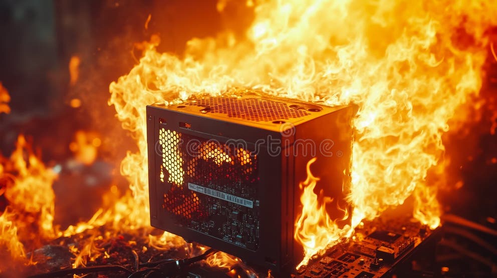 A Computer on Fire with a Computer Motherboard in the Background Stock ...