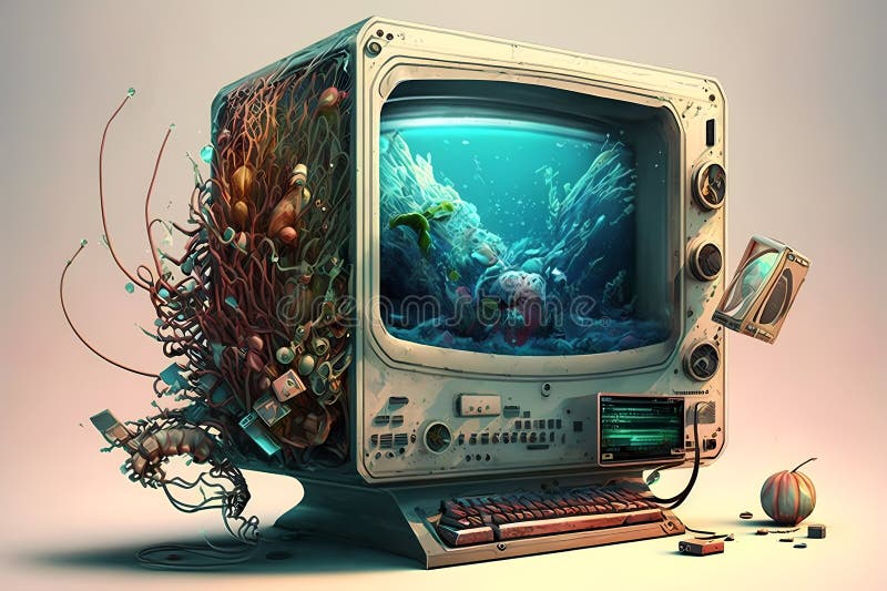 Computer with Fish Tank Inside. Ecosystem Cyberspace. Stock Photo ...