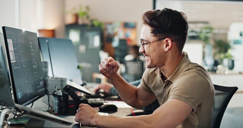 Computer Fist Pump And Web Development With Man Software Engineer In