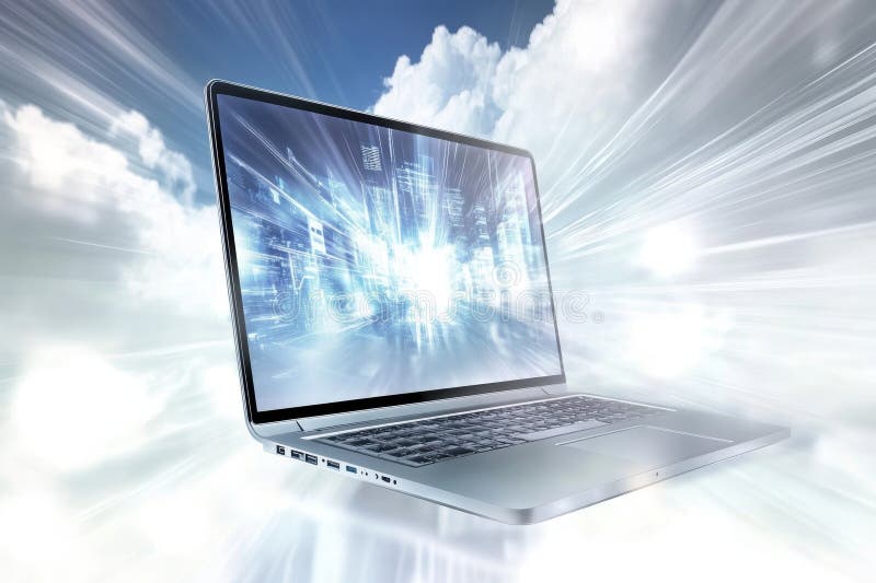 Computer Floating in Clouds with Abstract Light Effects and Digital ...
