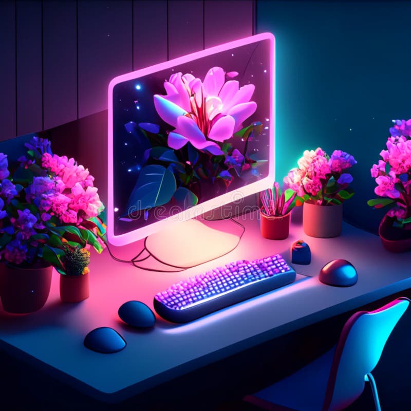 Computer with Flowers on the Table. 3d Vector Illustration in Neon ...