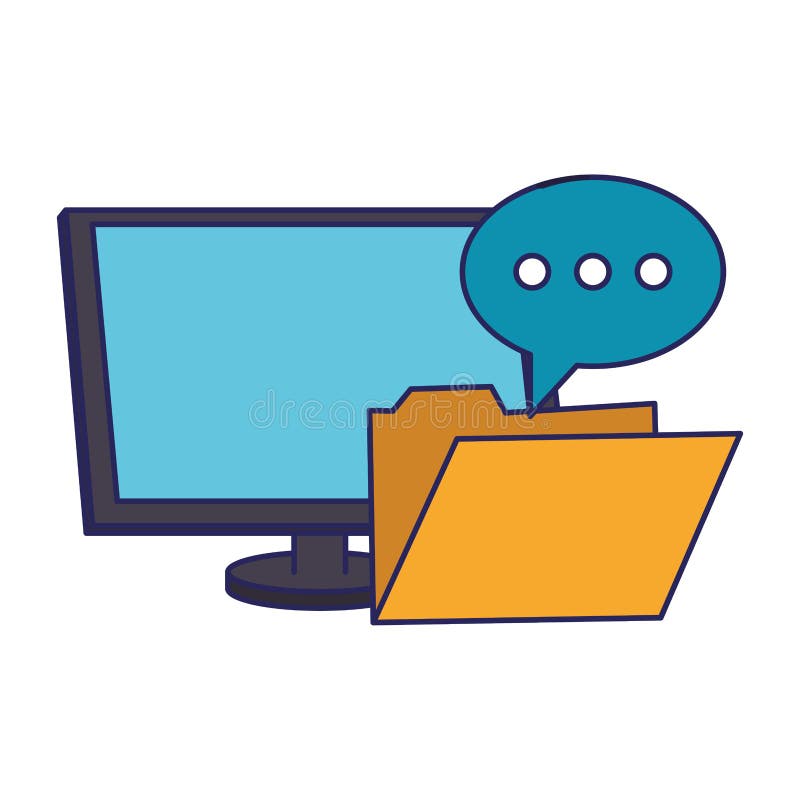 Computer and Folder with Chat Bubble Blue Lines Stock Vector ...
