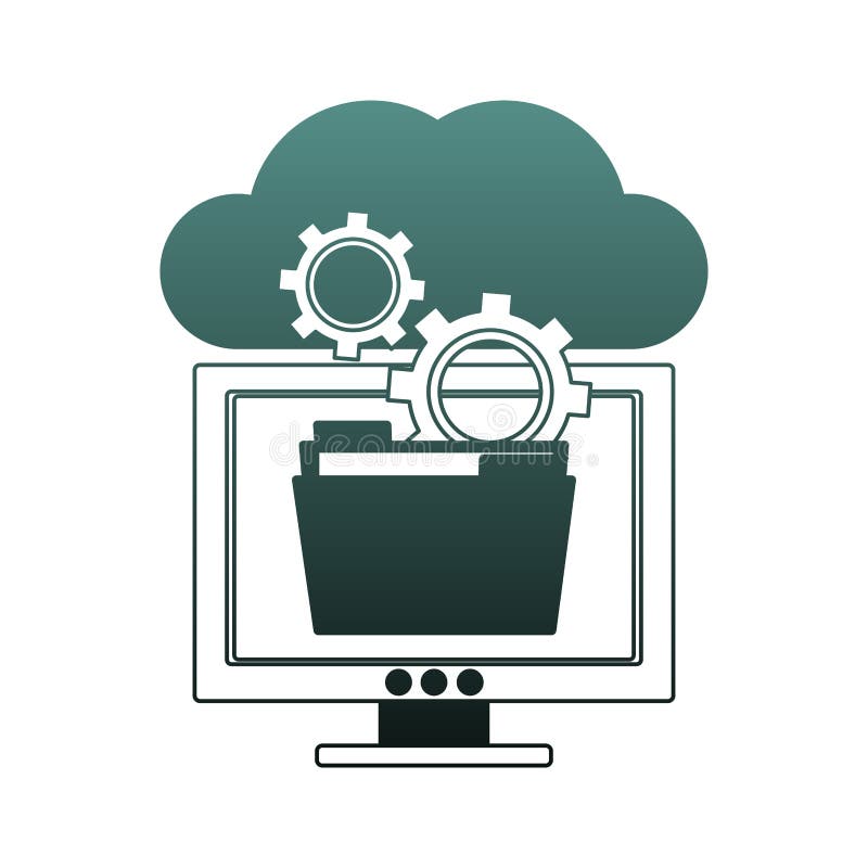 Computer with Folder in Cloud Blue Lines Stock Vector - Illustration of ...