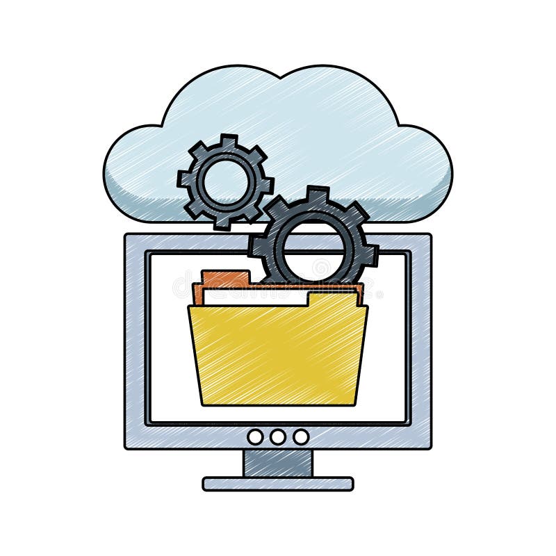 Computer with Folder in Cloud Scribble Stock Vector - Illustration of ...